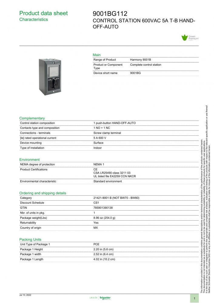 9001BG112 technical document page 1
