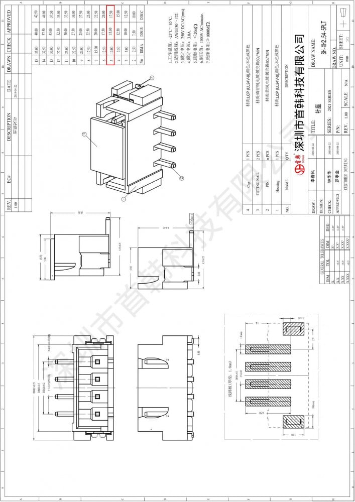 SH-XH2.54-5PLT technical document page 1