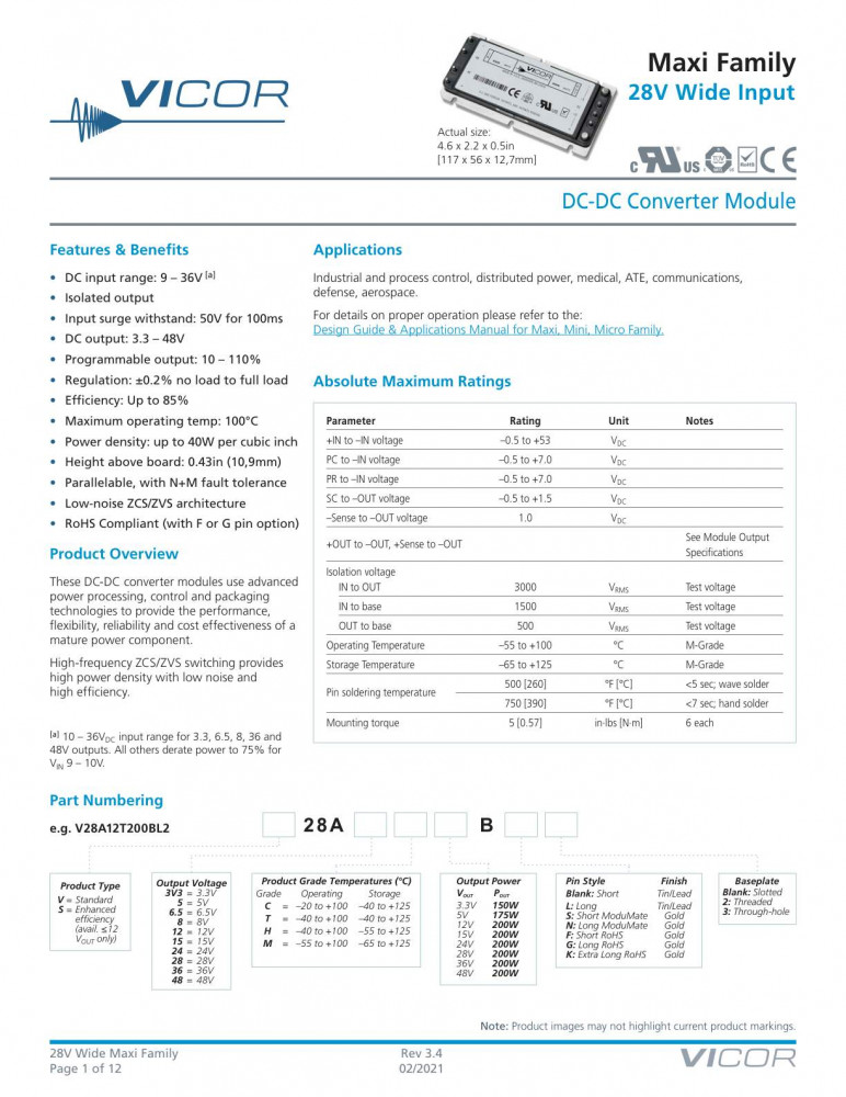VICOR product documentation page 1