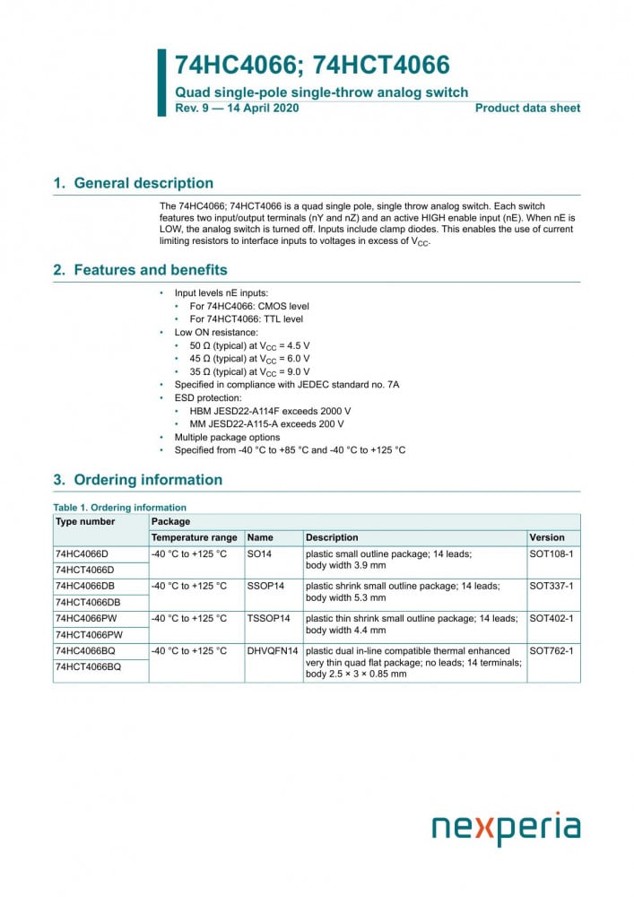 74HC4066 datasheet page 1