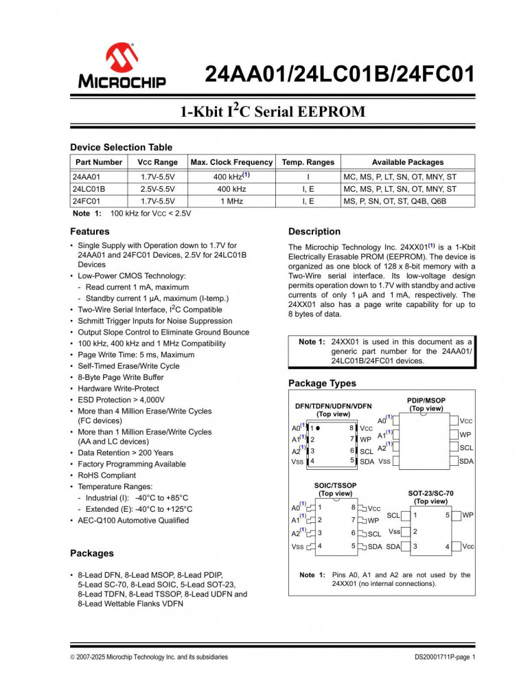 24LC01B datasheet page 1
