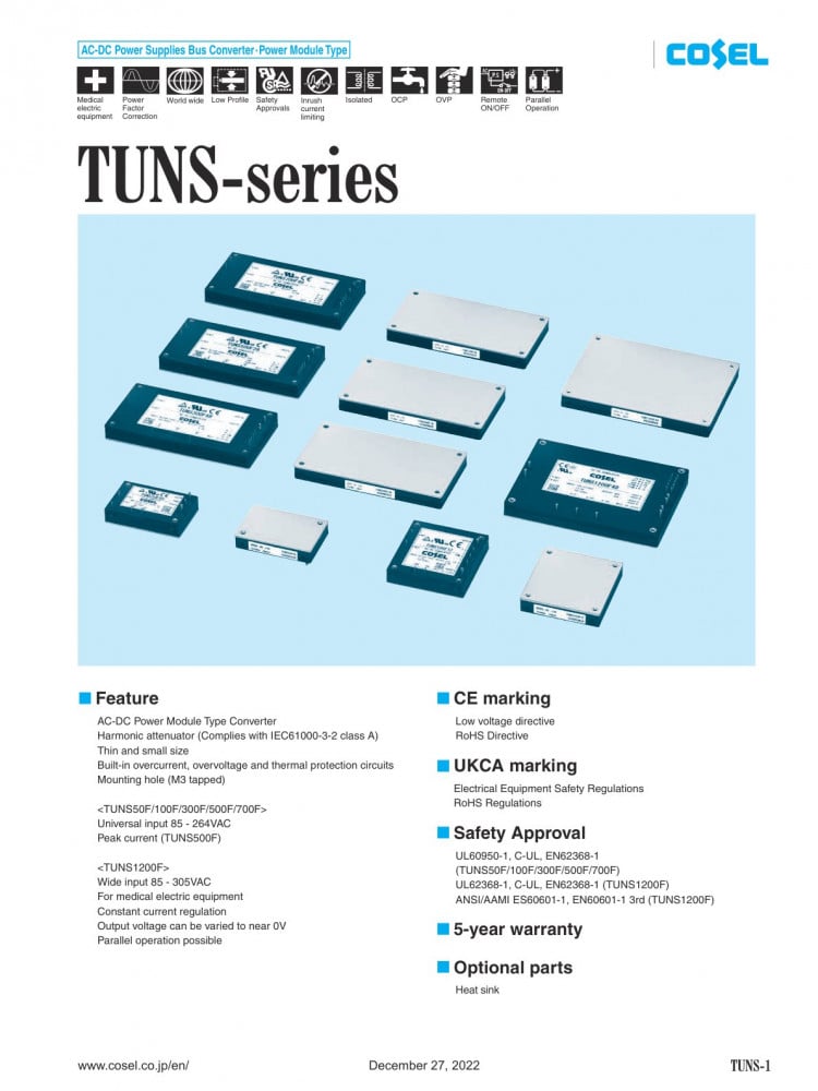 Cosel TUNS series datasheet page 1