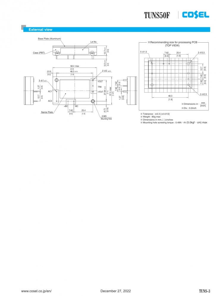 Cosel TUNS series datasheet page 3