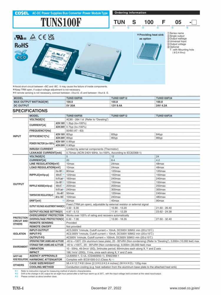 Cosel TUNS series datasheet page 4