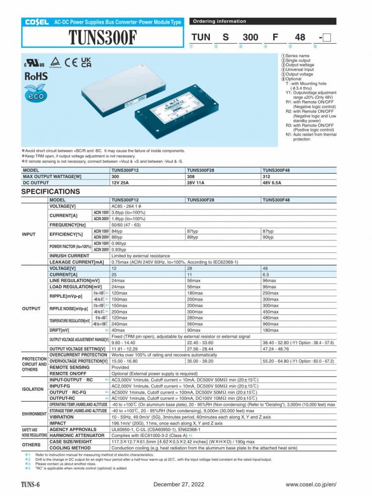 Cosel TUNS series datasheet page 6