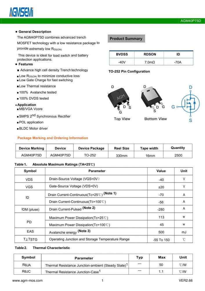 AGM40P75D datasheet page 1