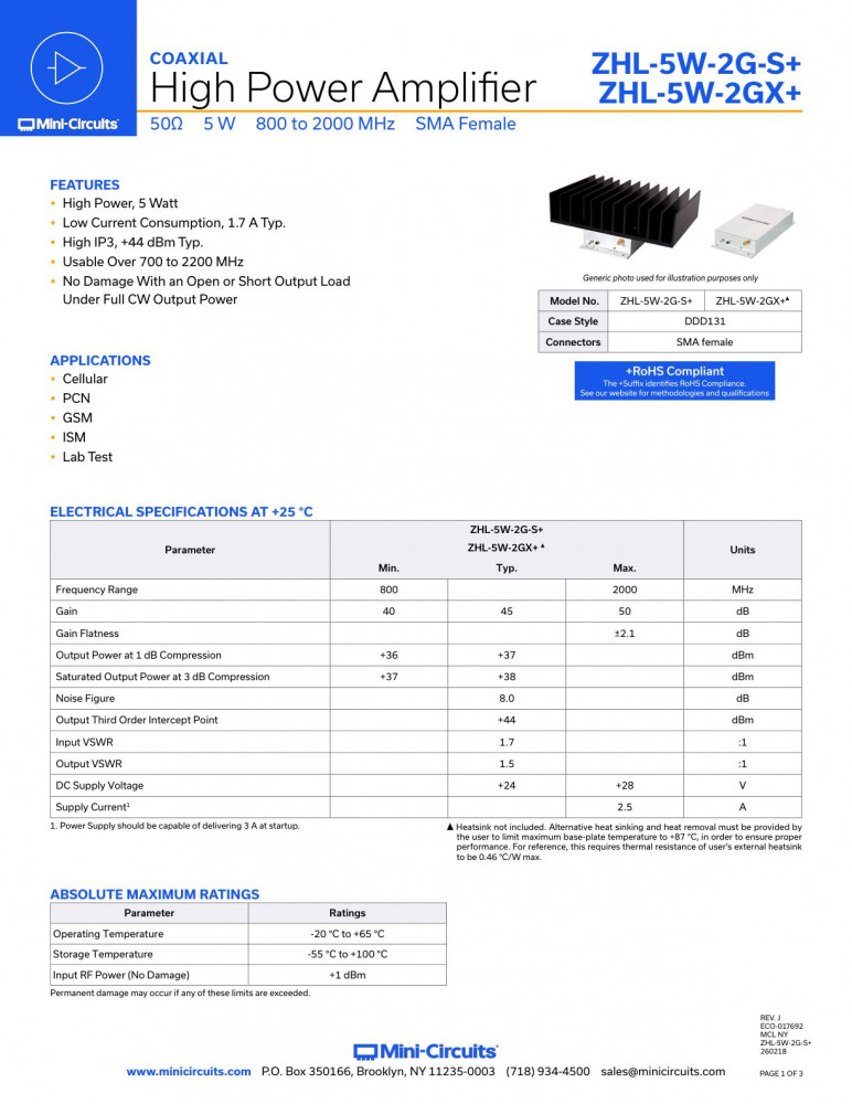 ZHL-5W-2G-S+ datasheet page 1