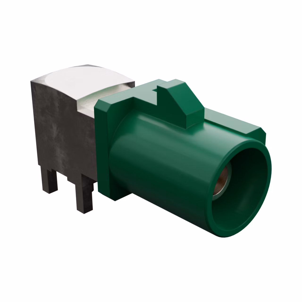FAKRA Jack, Right-Angle, PCB Receptacle, Through Hole, Brass Body, Tin (Sn) Plated, Keying Code E, Green, Tape and Reel, 50 Ohms for sale