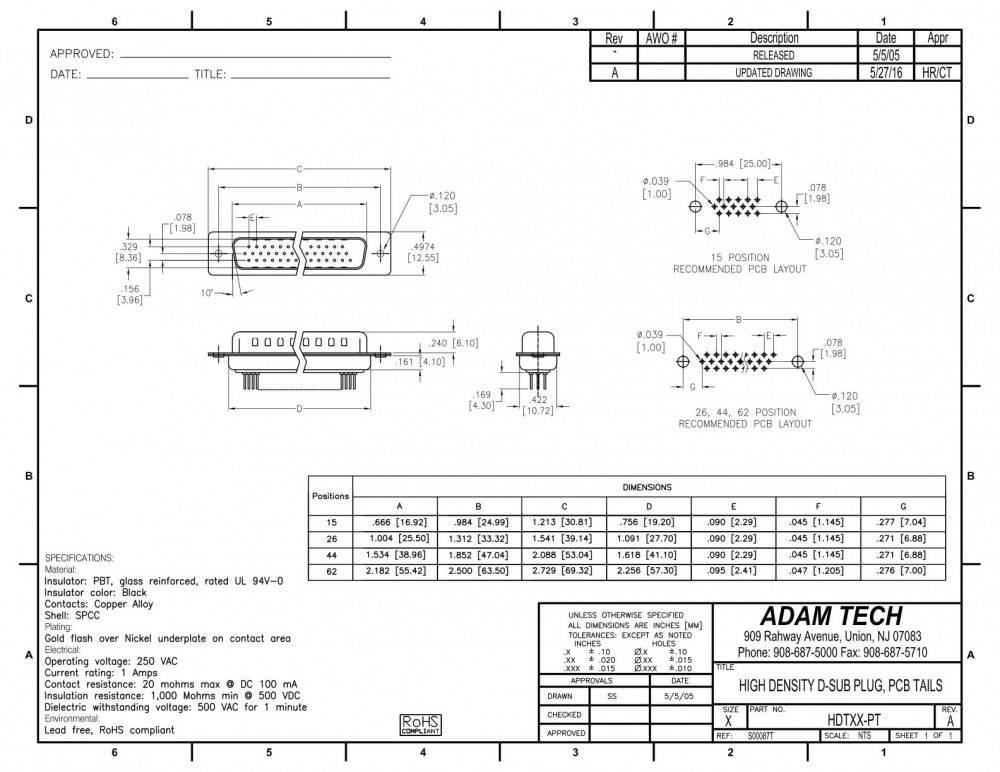 ADAM TECH HDT15-PT technical drawing