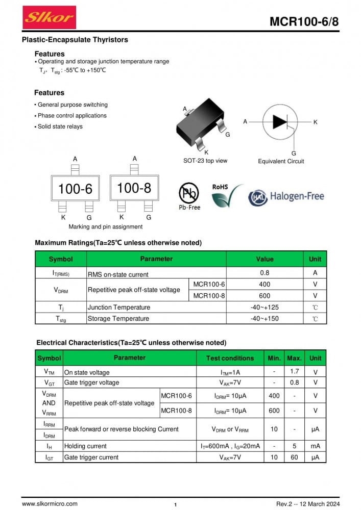MCR100-8 SOT-23 datasheet page 1
