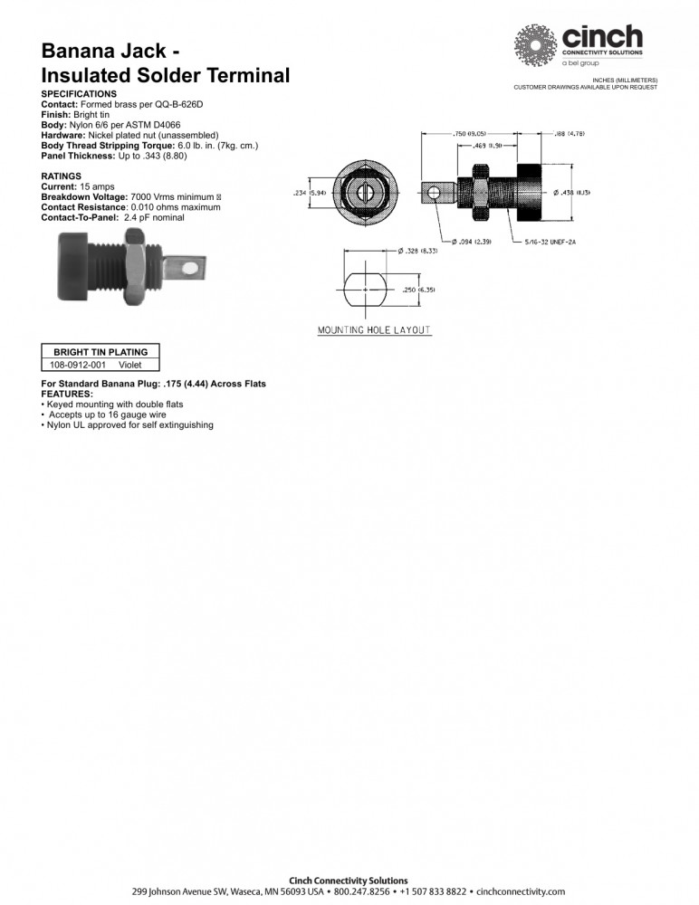 Bel Fuse 108-0912-001 technical specification and mounting drawing