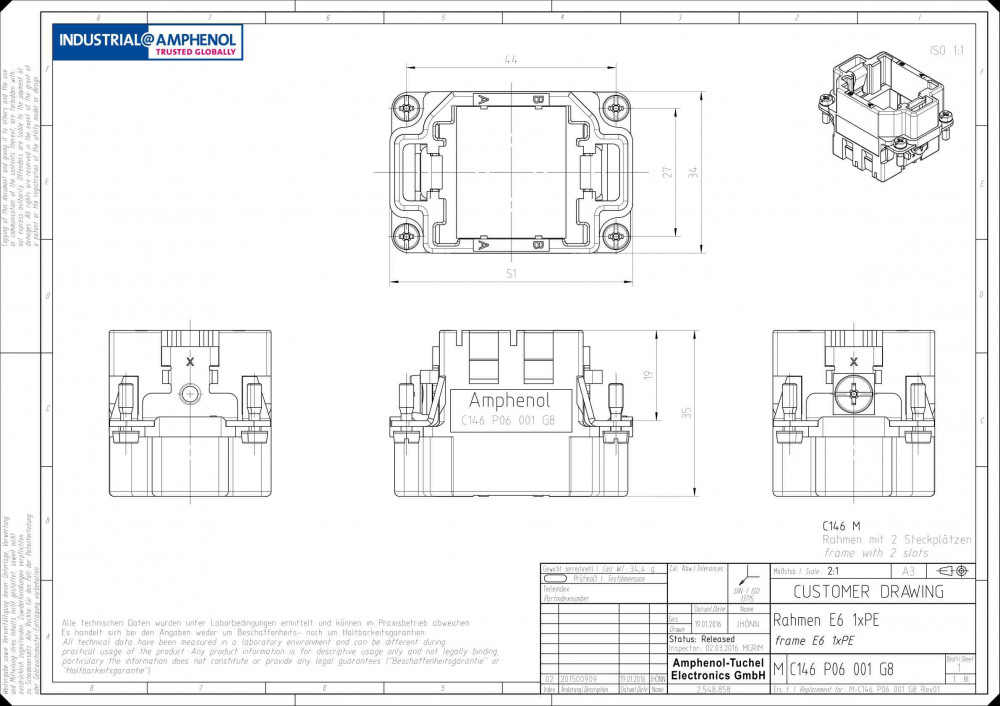 Amphenol C146P06001G8 technical drawing extract
