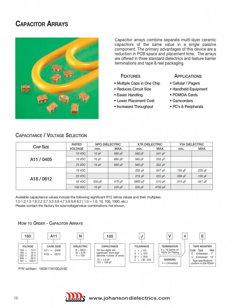 Johanson Dielectrics capacitor array datasheet page 1