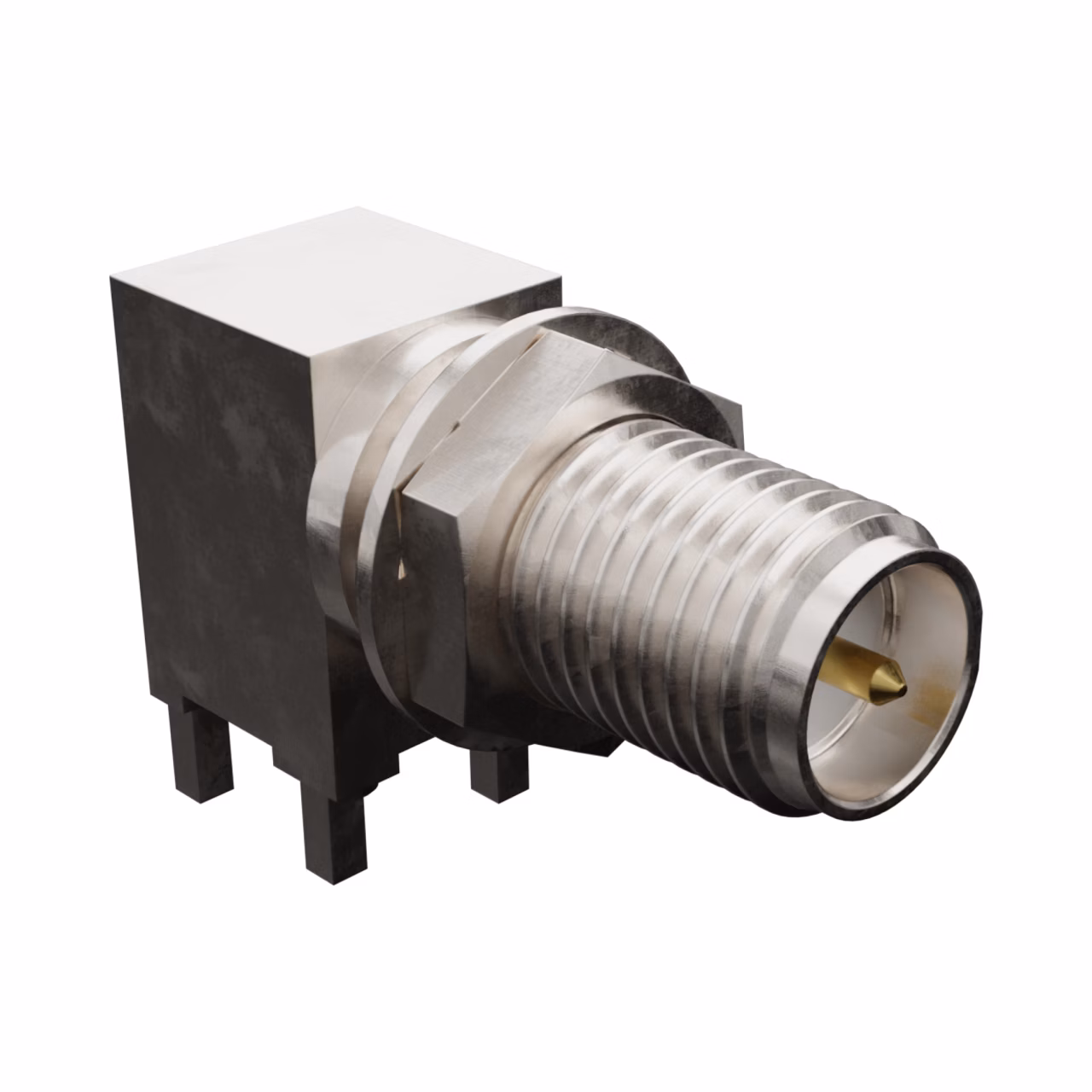 SMA Jack, Reverse Polarity, Right-Angle, Bulkhead Receptacle, PCB, Through Hole, Brass Body, Nickel (Ni) Plated, Jam Nut and Lockwasher, 2.79mm Leg Length, 50 Ohms for sale