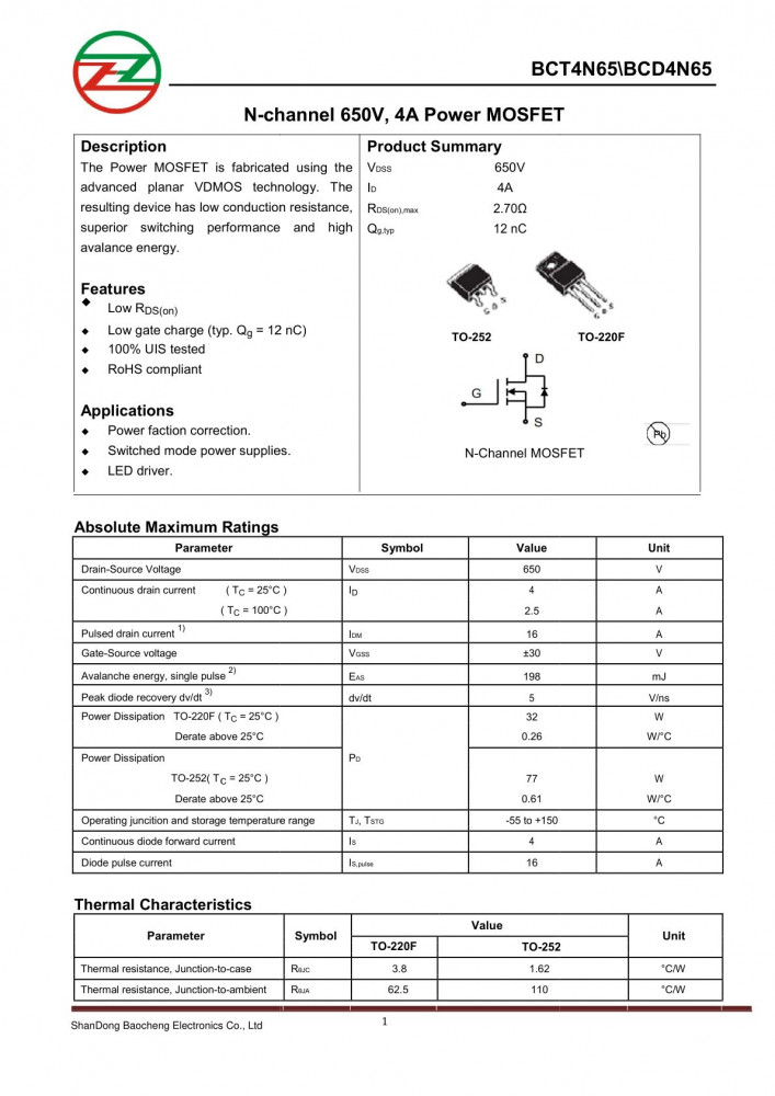 BCD4N65 datasheet page 1