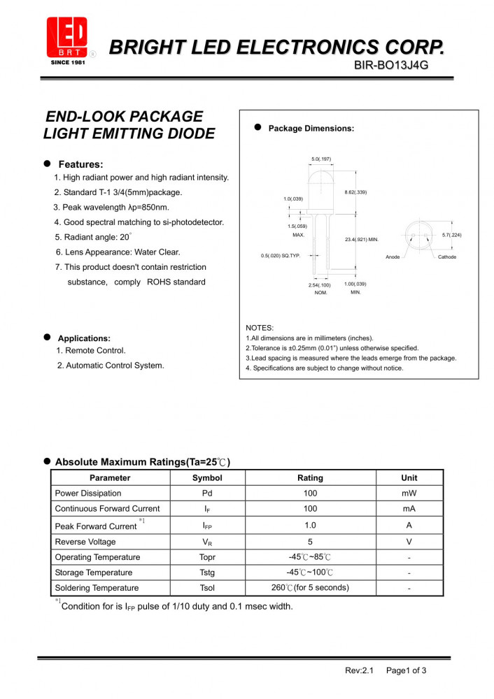 BIR-BO13J4G datasheet page 1