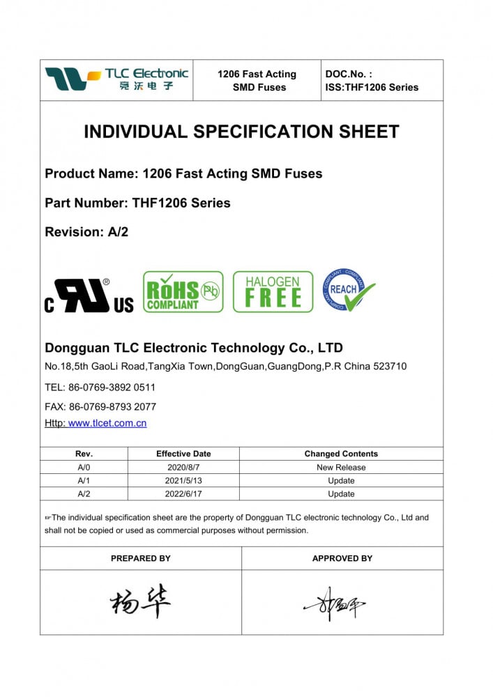 TLC Electronic THF1206 specification sheet page 1