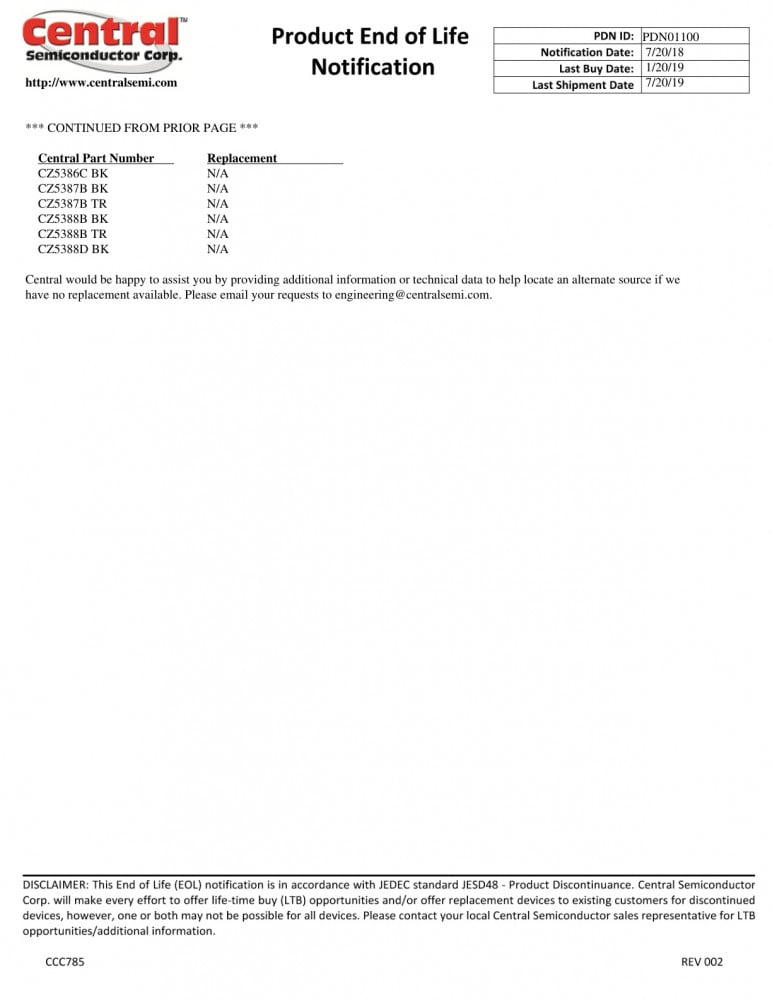 Central product support and EOL notice