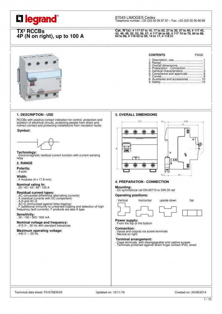 Legrand TX³ RCCB technical document, page 1