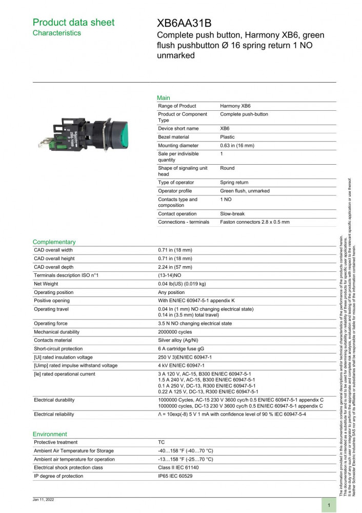 XB6AA31B technical document page 1
