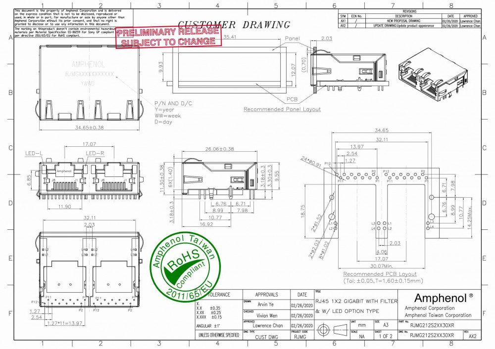 Amphenol RJMG212S21130ER technical drawing page 1