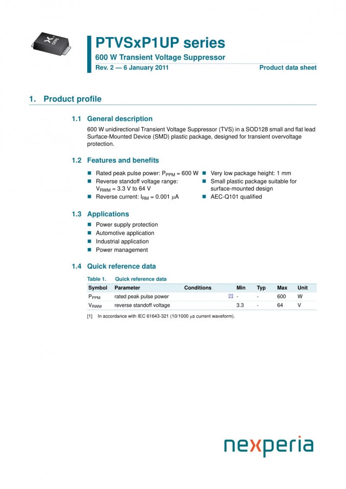 Nexperia PTVS series datasheet page 1