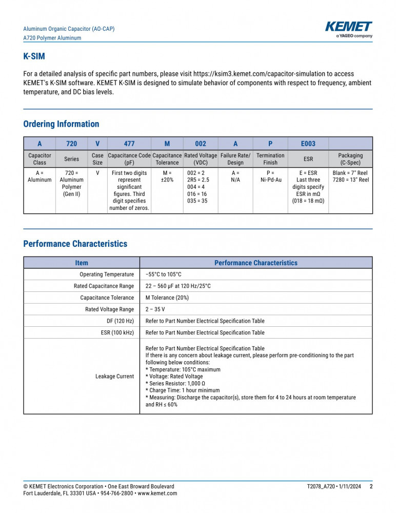 KEMET A720 document page 2