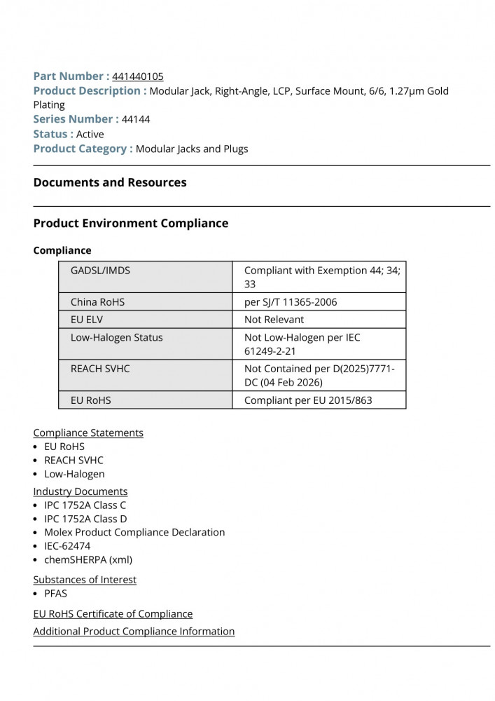 MOLEX 441440105 technical document page 1