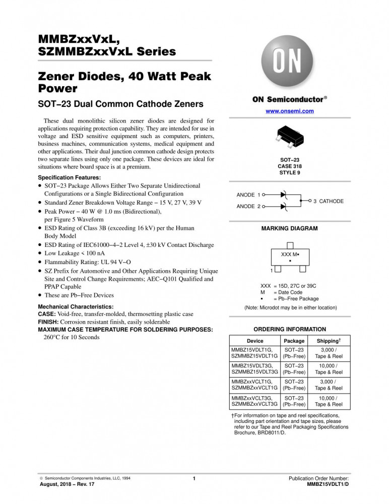 MMBZ15VDLT1G datasheet page 1