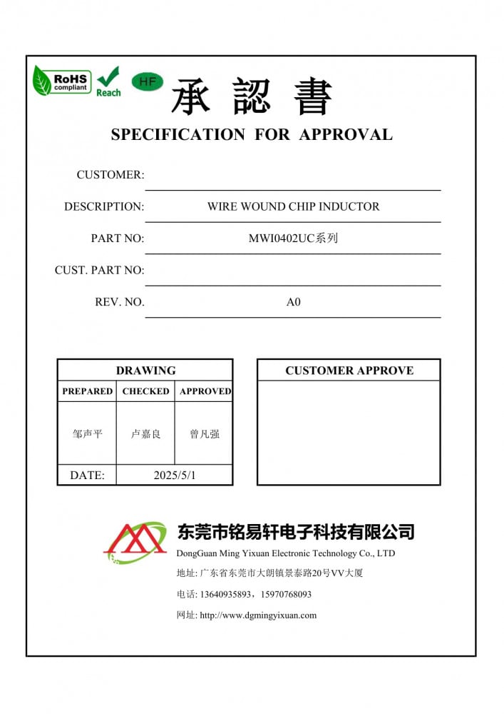 MWI0402UC series specification page 1