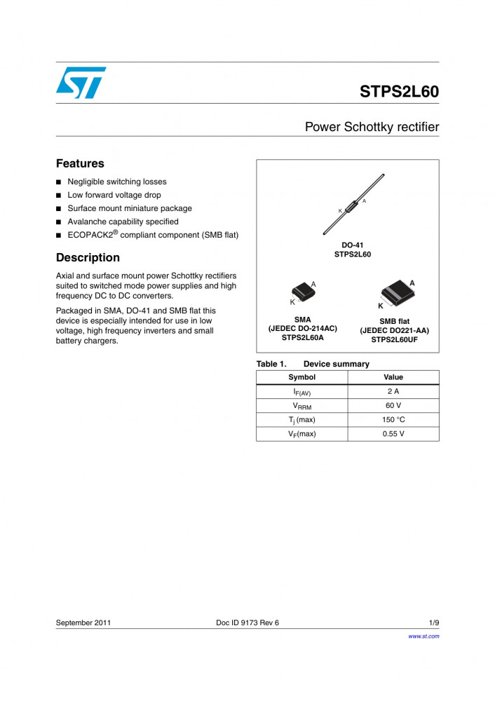 STPS2L60 datasheet page 1