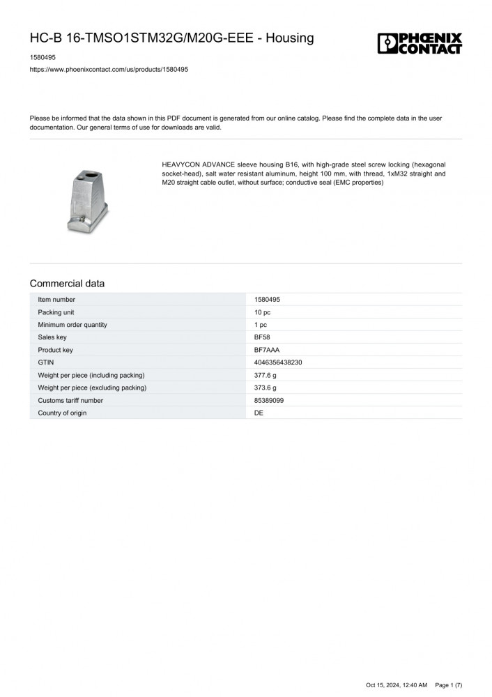Phoenix Contact 1580495 technical document page 1