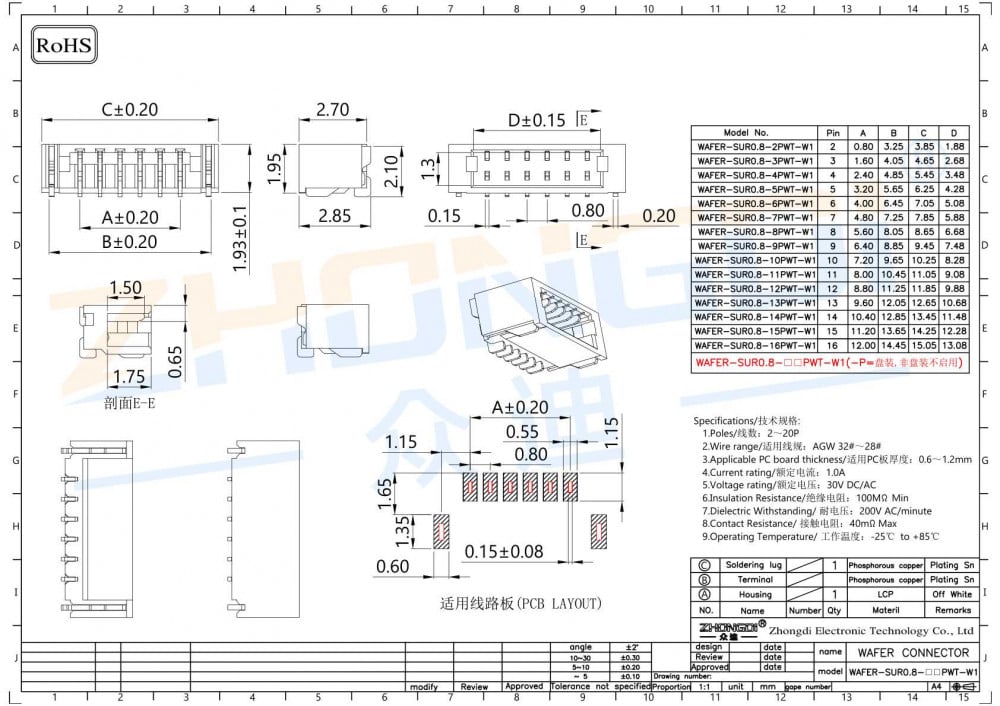 Zhongdi WAFER-SUR0.8 connector technical drawing