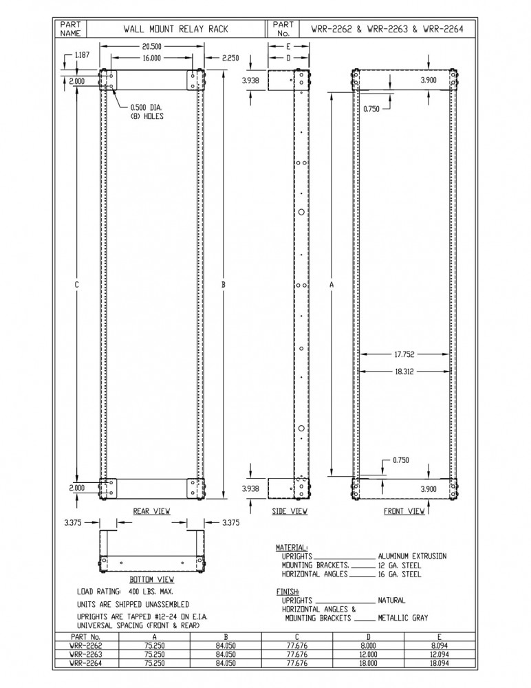 Bud Industries WRR-2264 wall mount relay rack product drawing