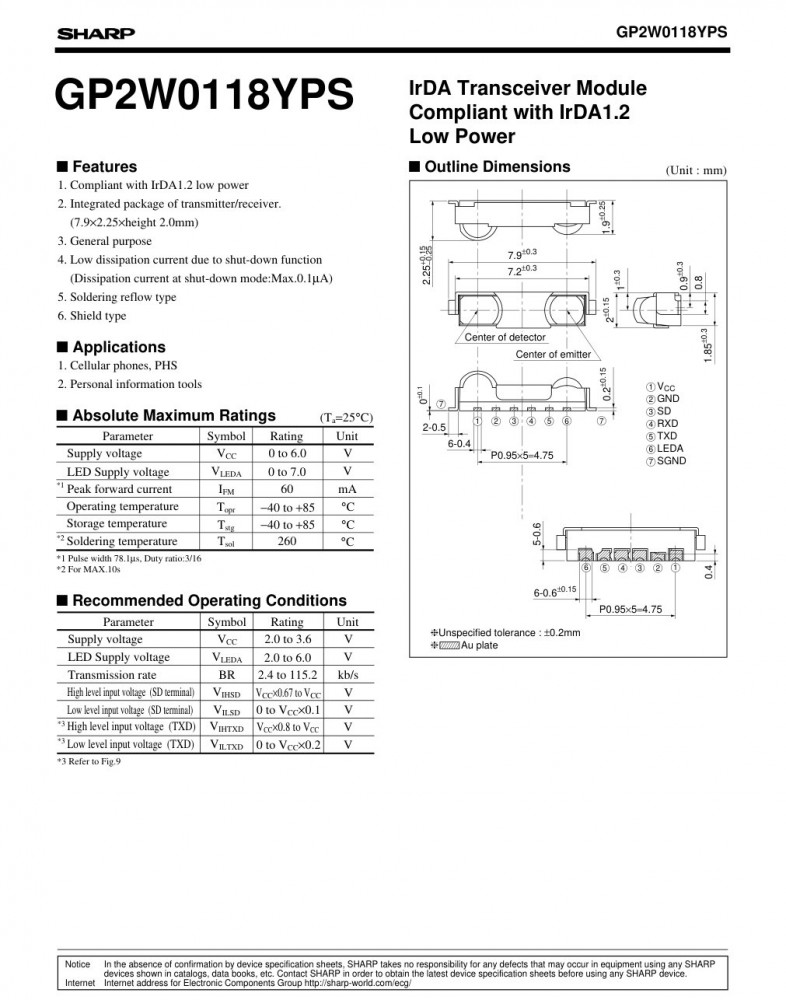 GP2W0118YPS technical document page 1