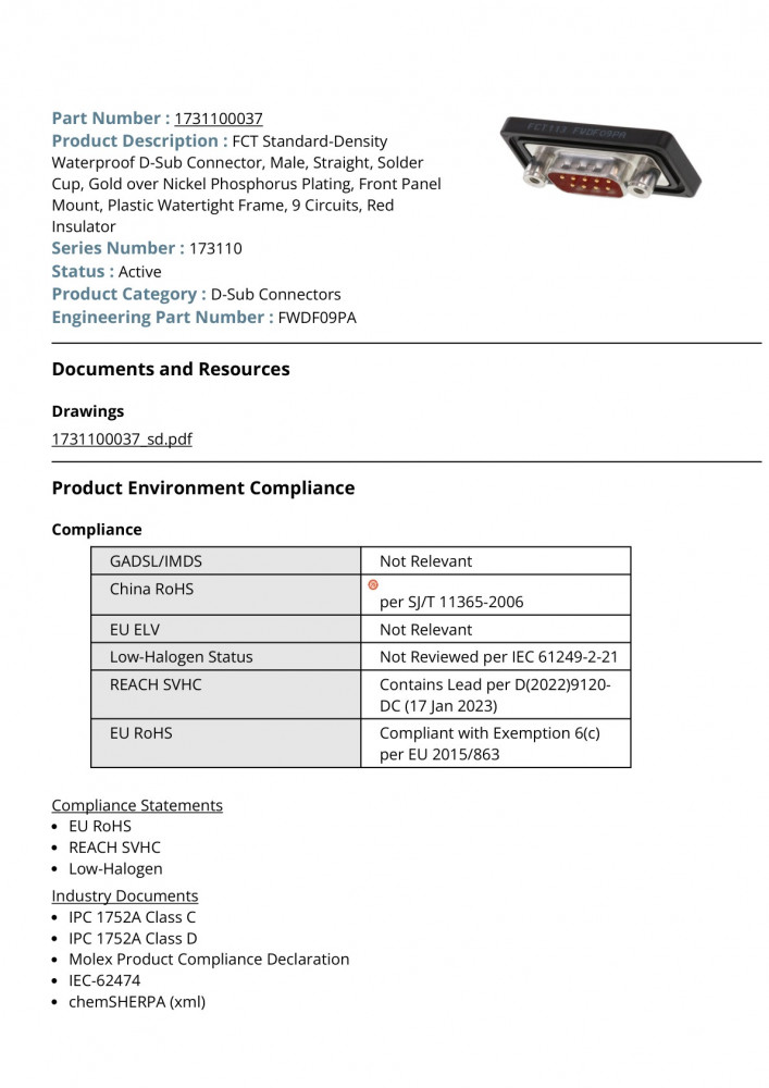 MOLEX 1731100037 technical drawing page 1