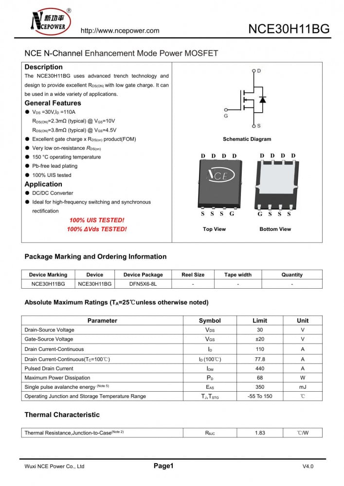 NCE30H11BG datasheet page 1