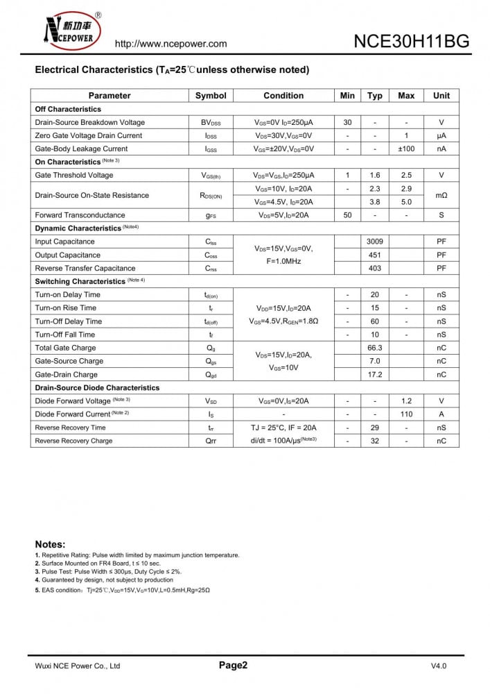 NCE30H11BG datasheet page 2