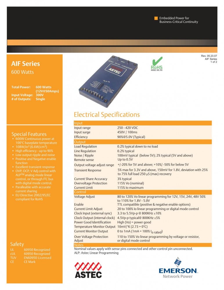 Artesyn AIF Series datasheet page 1