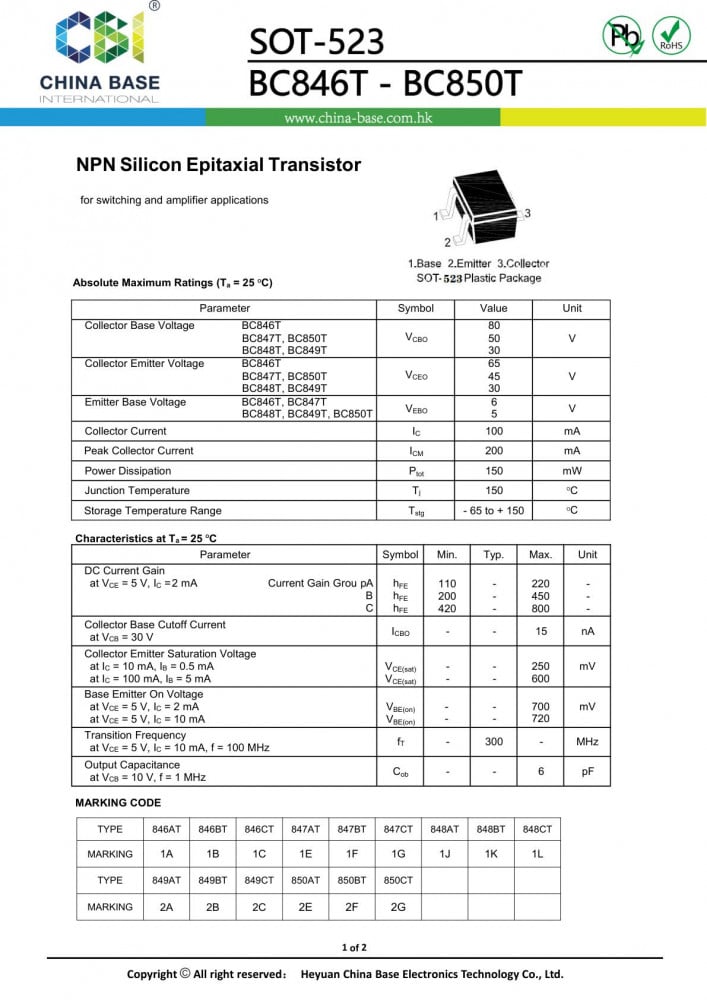 CBI BC846AT datasheet page 1