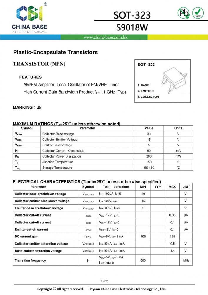 CBI S9018W datasheet page 1