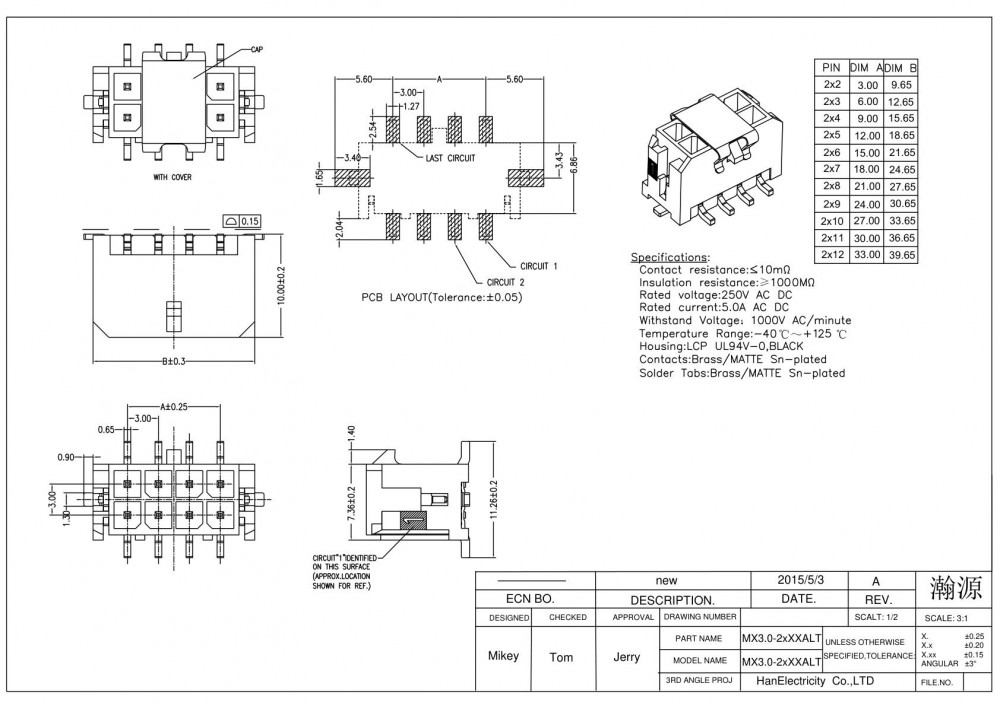 MX3.0-2x2ALT technical drawing and PCB layout