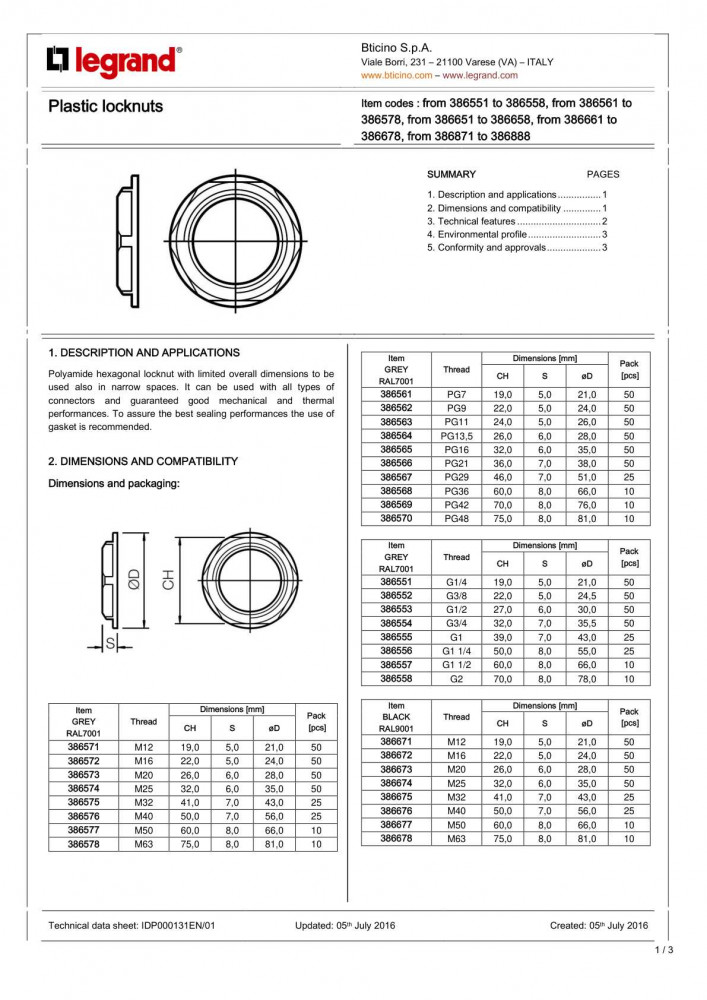 Legrand plastic locknuts technical document, page 1