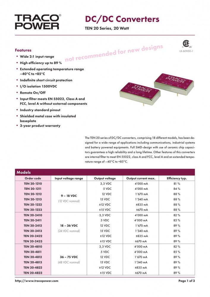 TEN 20 series datasheet page 1
