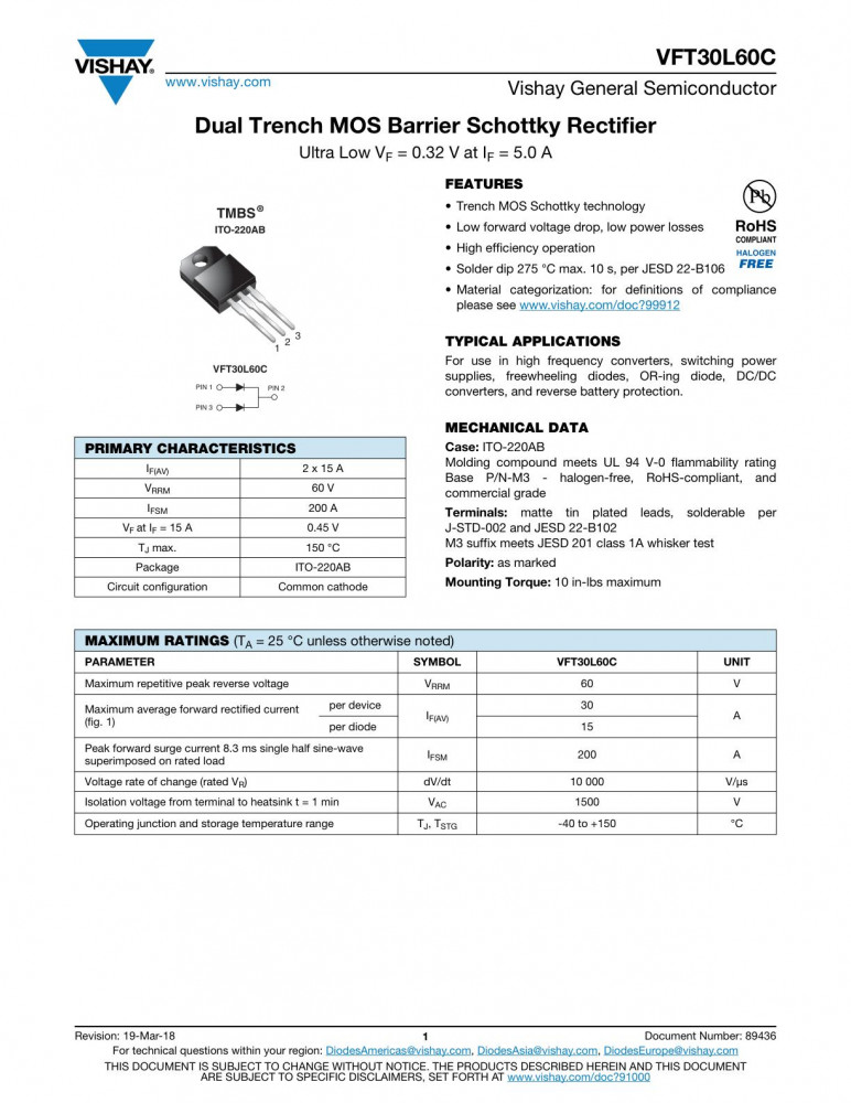 VFT30L60C-M3/4W datasheet page 1
