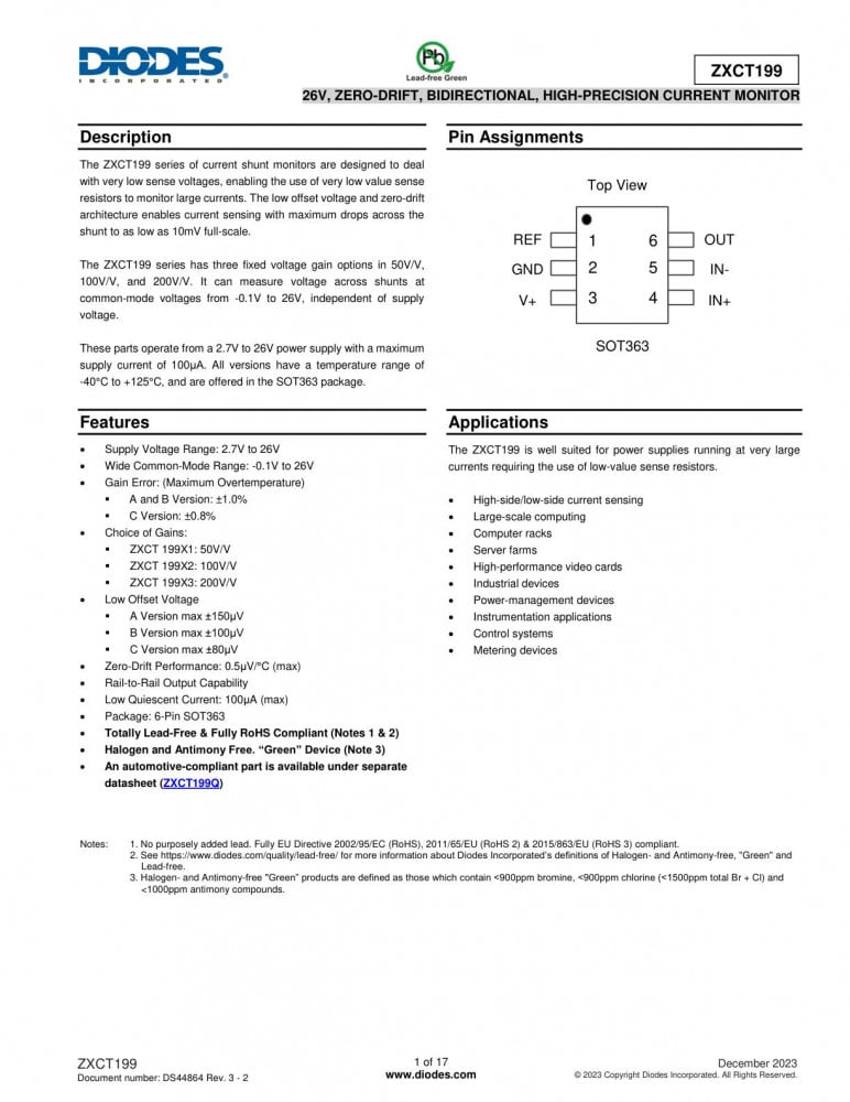 ZXCT199A2DW-7 datasheet page 1