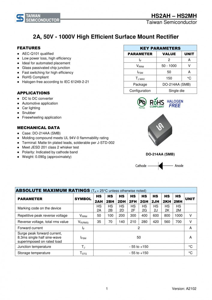 HS2DH datasheet page 1