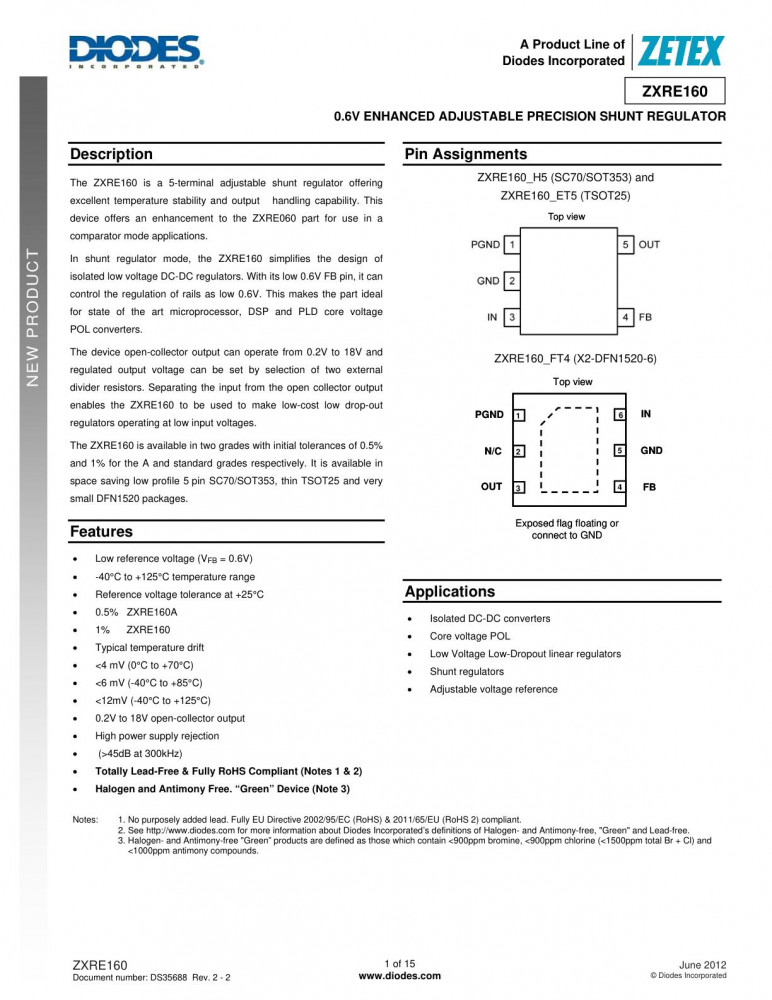 ZXRE160 datasheet page 1