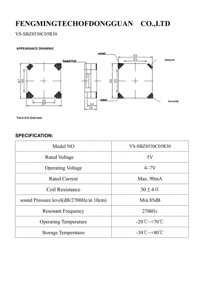 YS-SBZ8530C05R30 specification page 2