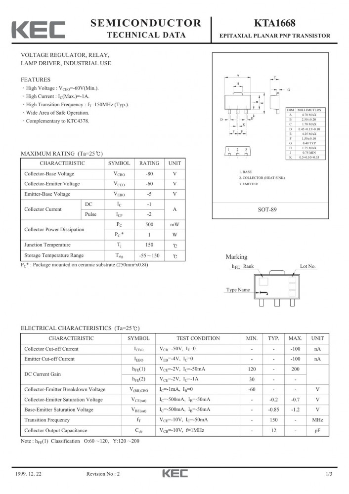 KTA1668-Y-RTF/P datasheet page 1